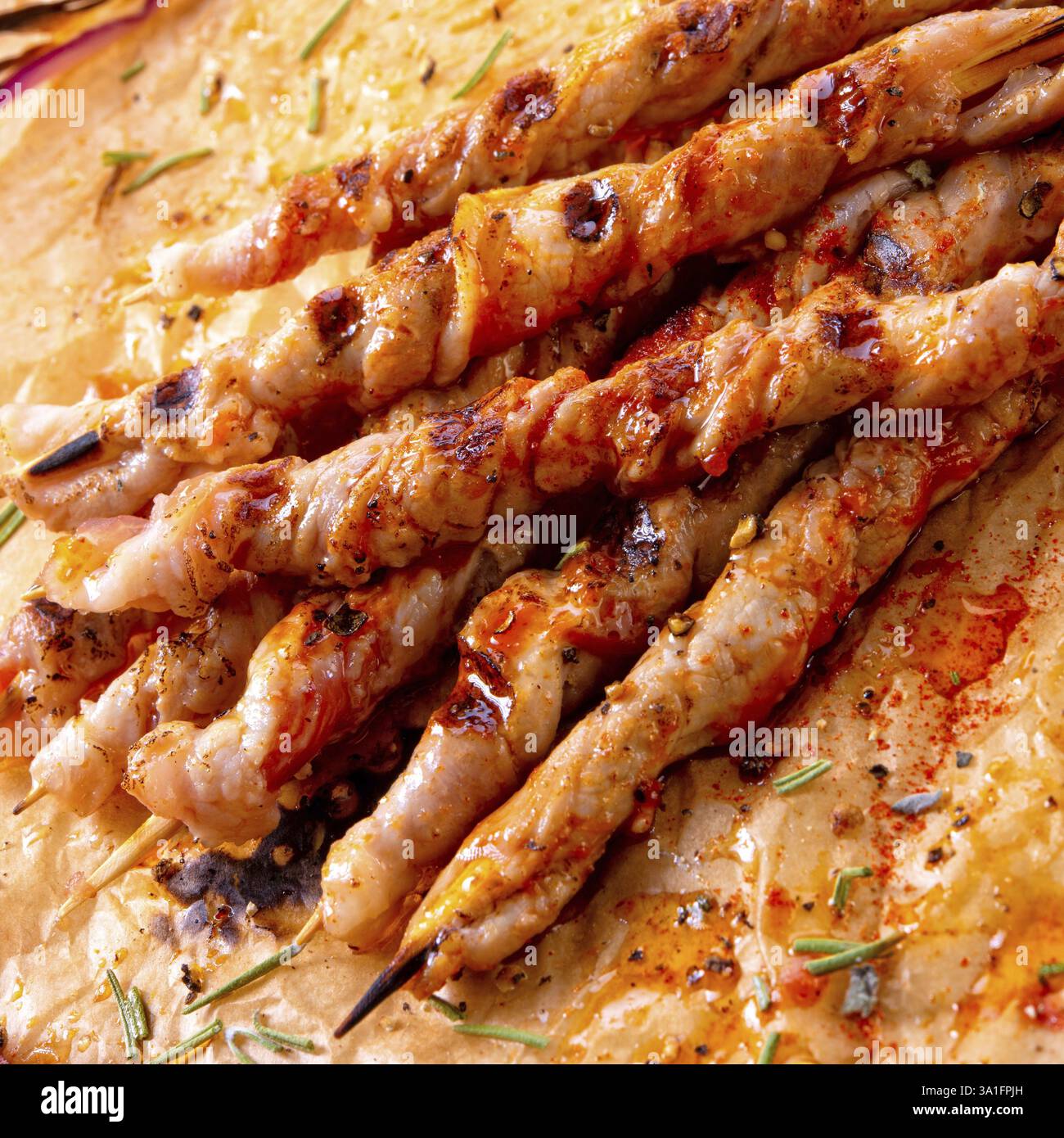 Fresh and crispy rustic pork belly grill sticks Stock Photo - Alamy