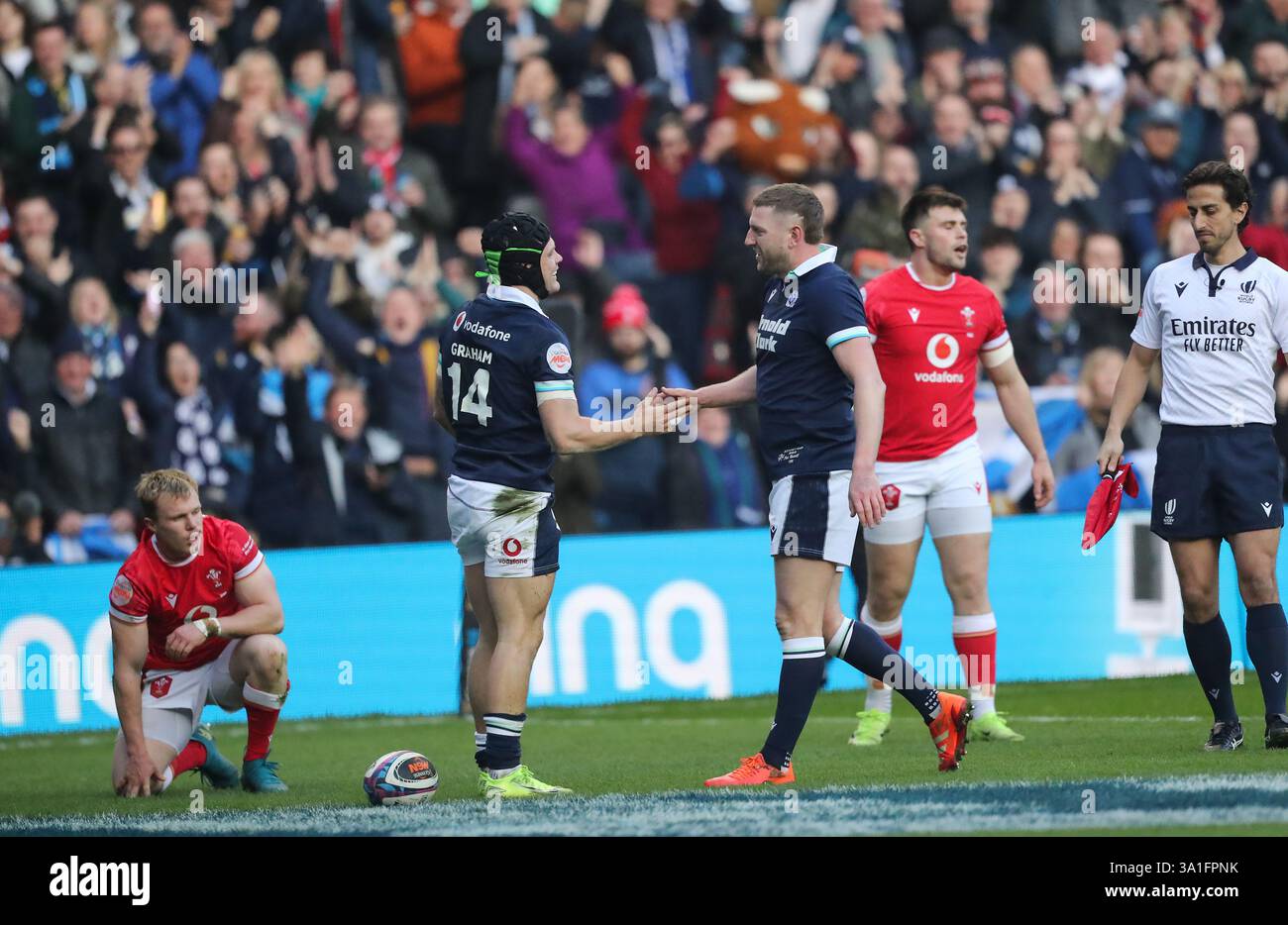Edinburgh, UK, 8th Mar 2025 - Darcy Graham celebrates with Team captain ...