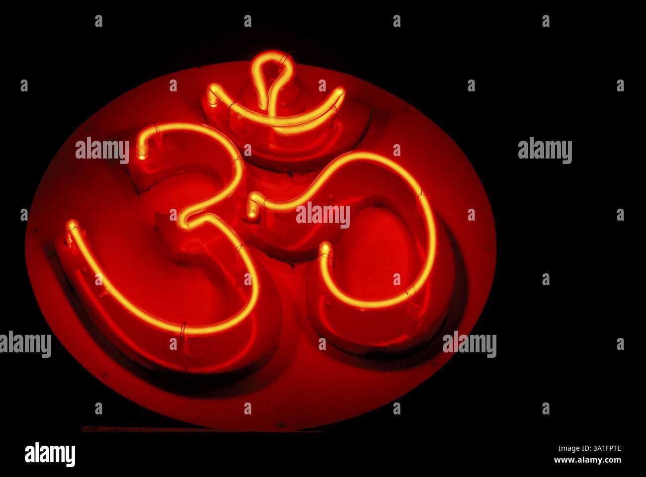 OM, cosmic creation, holy symbol of Hindu, illuminated neon sign in red ...
