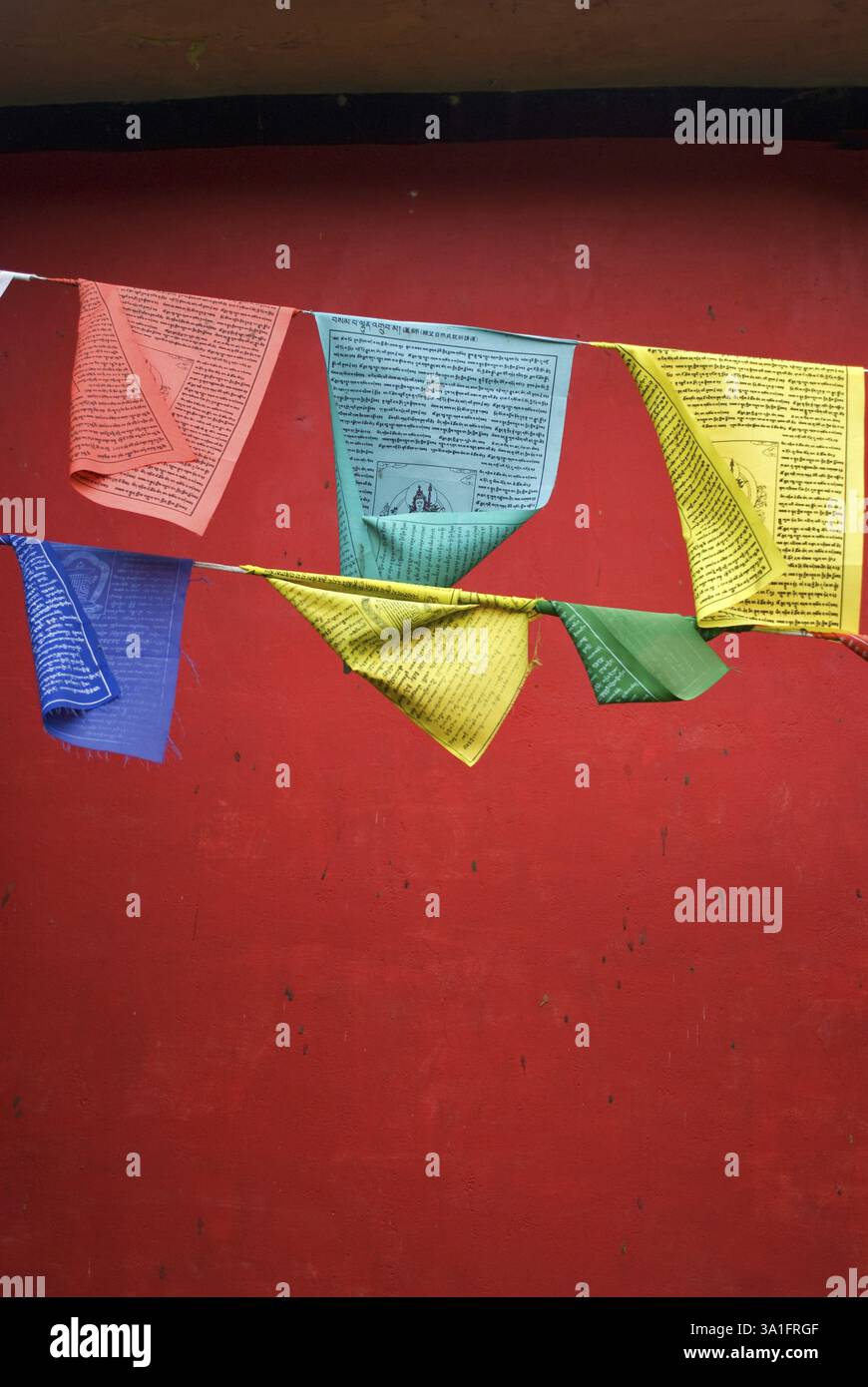 Tibetan flags tied to string against red wall in Namdroling monastery ...