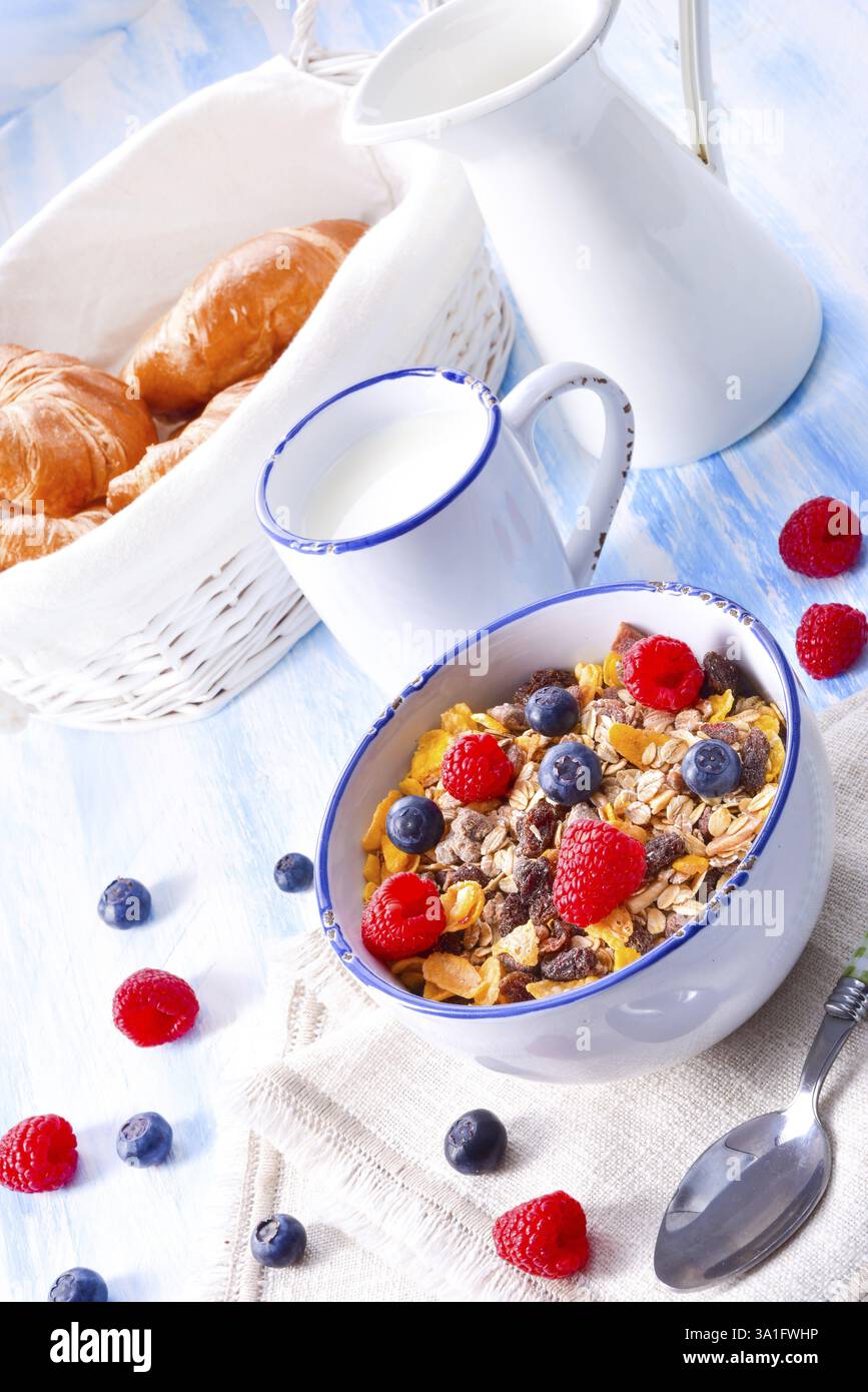 Muesli breakfast menu with forest fruits Stock Photo - Alamy