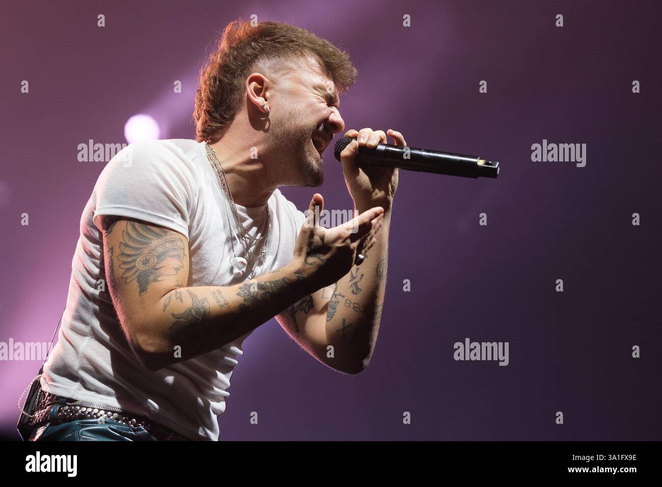 Singer Dani Fernandez performs during a concert at the Movistar Arena ...