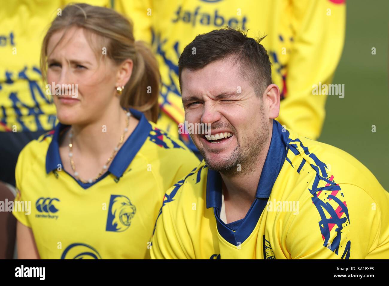 Durham Cricket's Alex Lees (R) and Durham Cricket Women's Lizzie Scott during the T20 Kit Launch ...