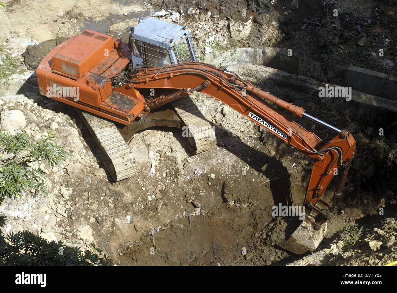 Aerial view of TATA HITACHI EX200LC Excavator and Digger at work ...