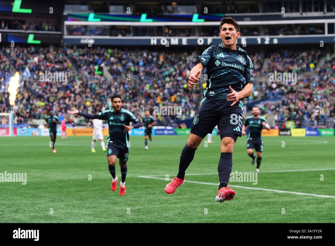Seattle Sounders defender Kalani Kossa-Rienzi (85) reacts after scoring ...
