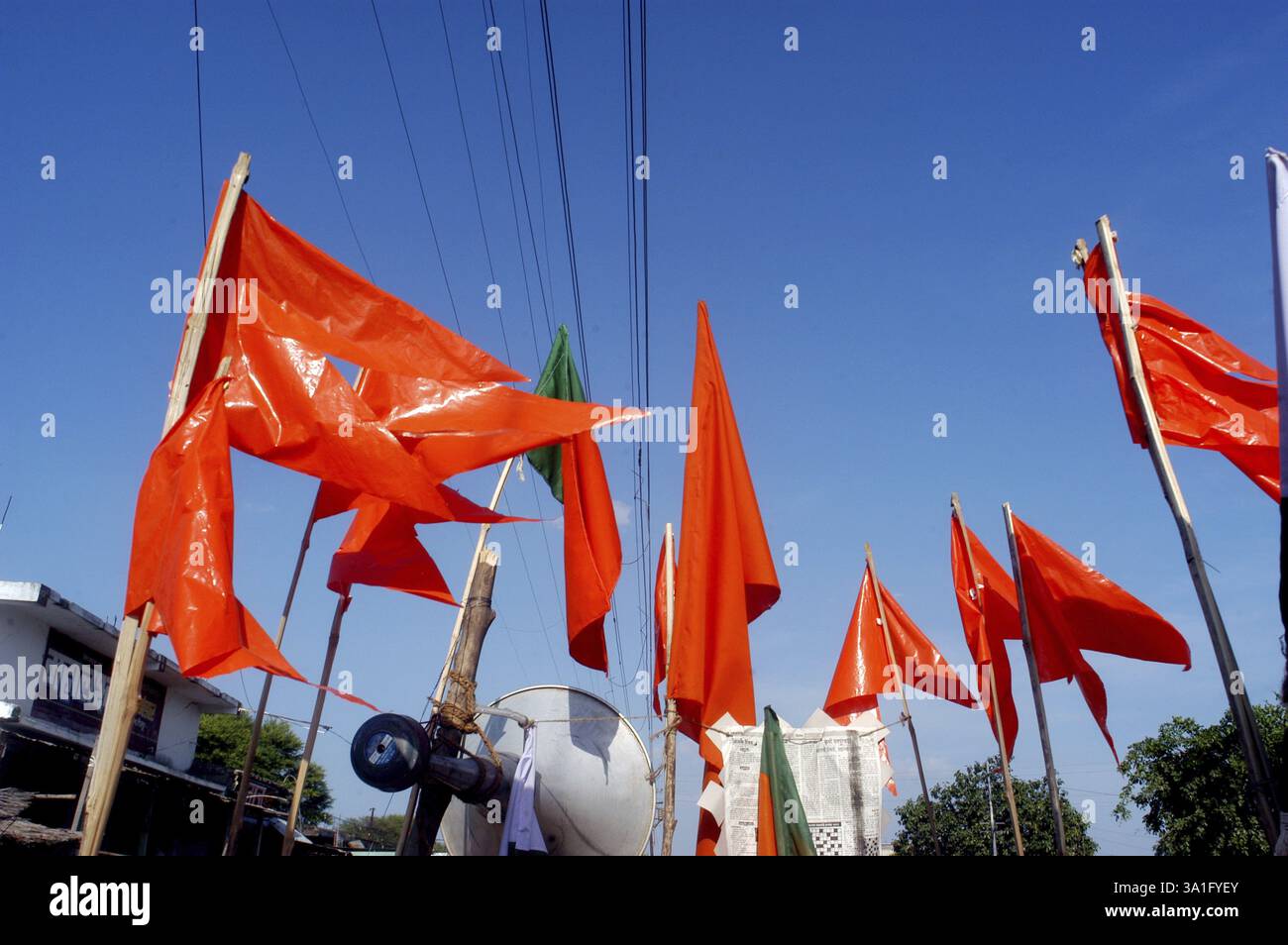 Flags of Shiv Sena to be used in an election rally in the Chimur ...