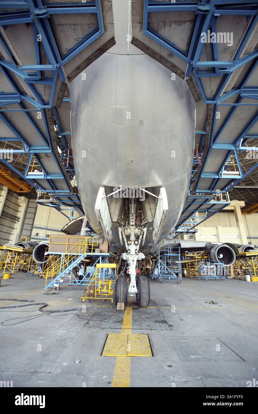 Boeing 747-400 parked for maintenance and repair at hanger based in ...