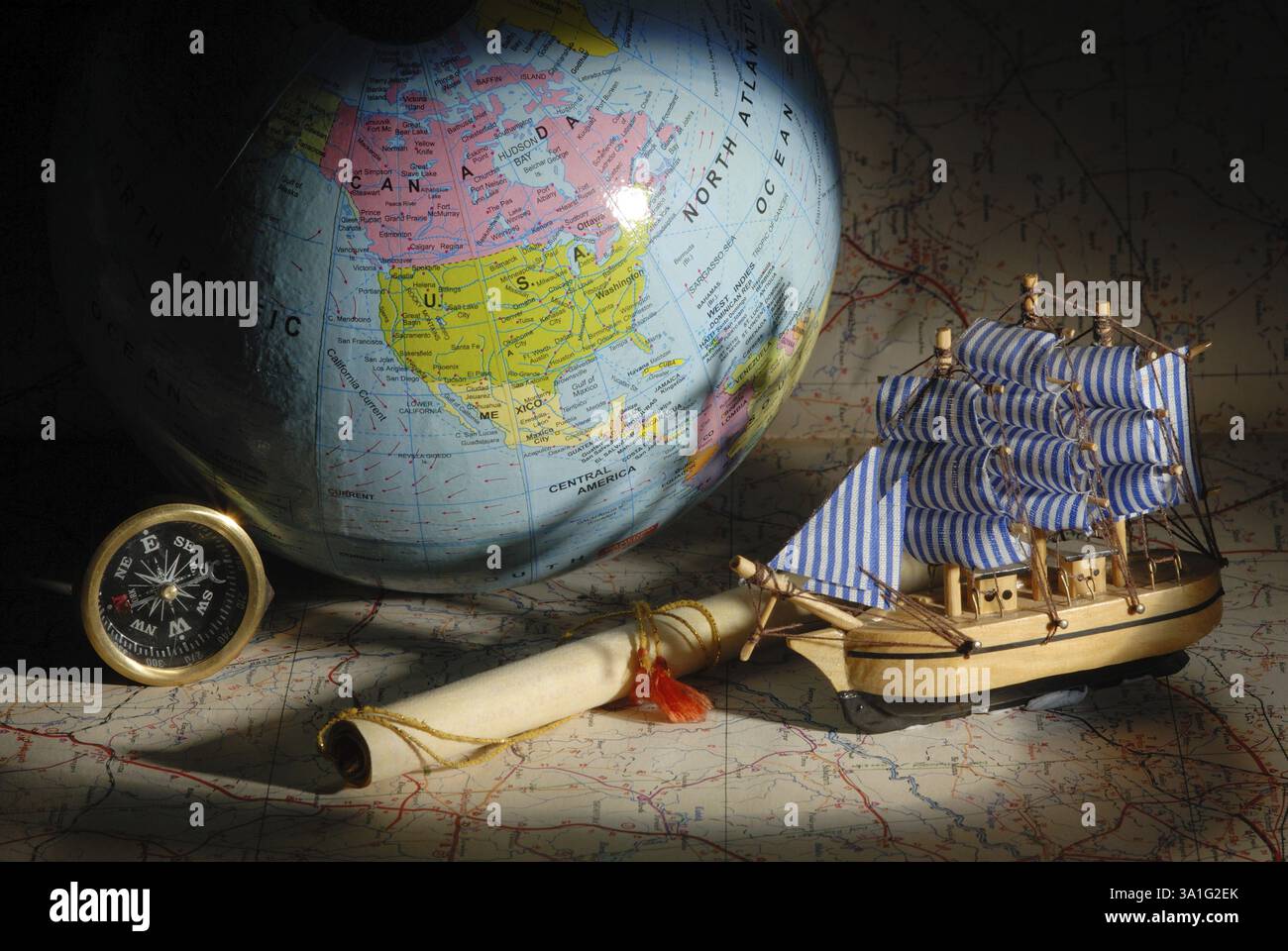 Concept, Columbus, Earth, Map, Ship, Compass Stock Photo - Alamy