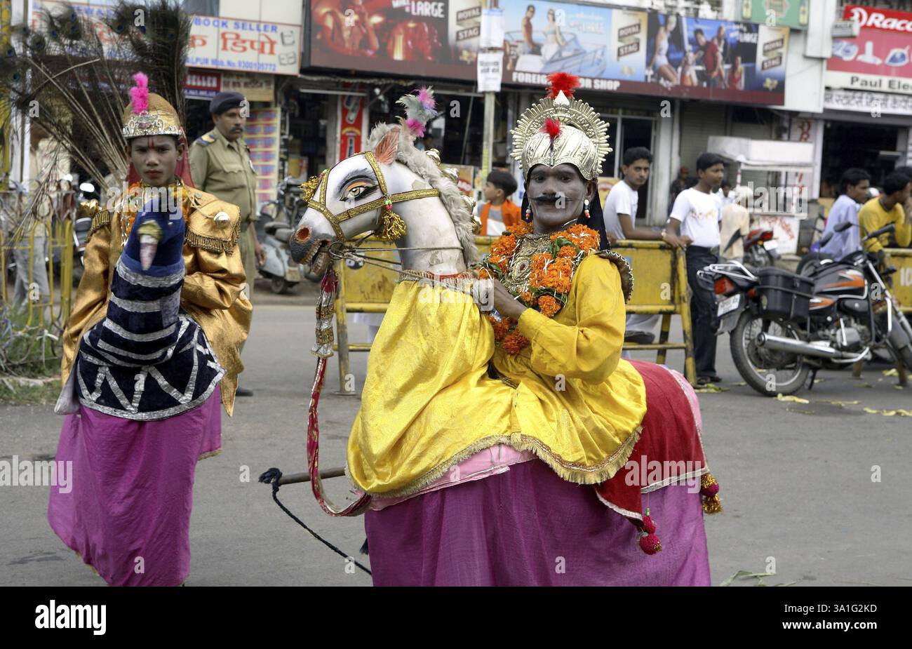 Janmashtami festival or Lord Krishna birthday celebration carnival procession with various ...