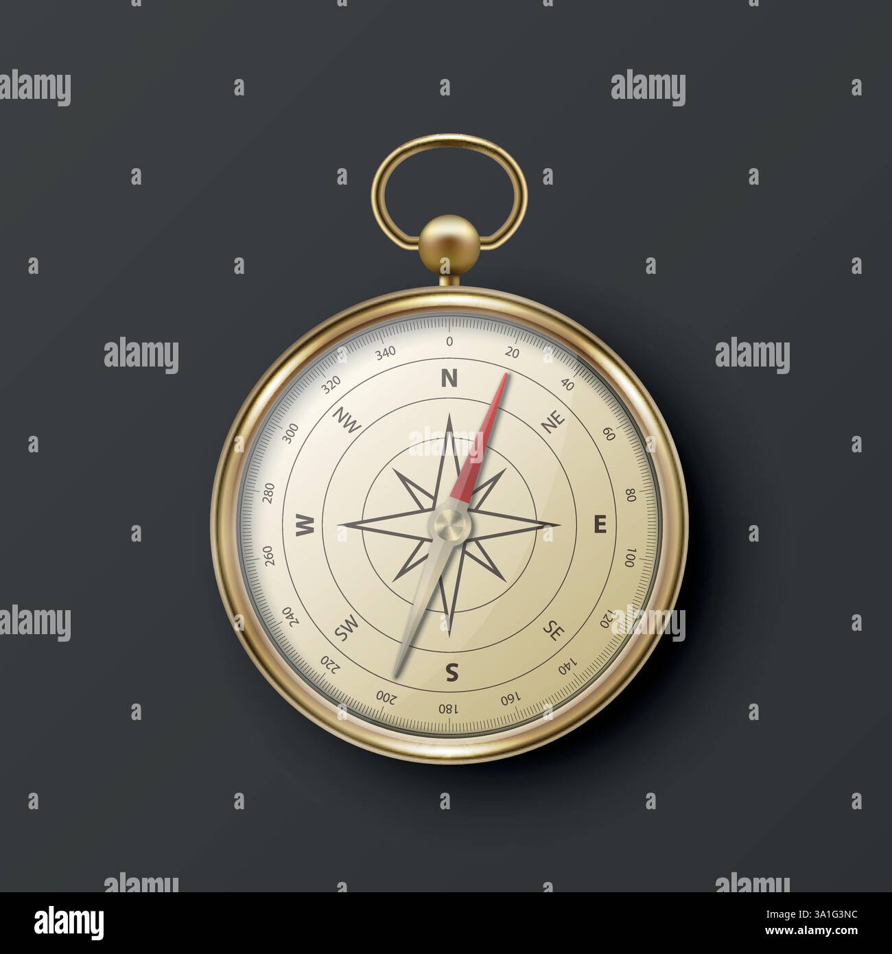 Realistic 3D Vector Compass with Gold Metallic Frame, Navigation Tool ...