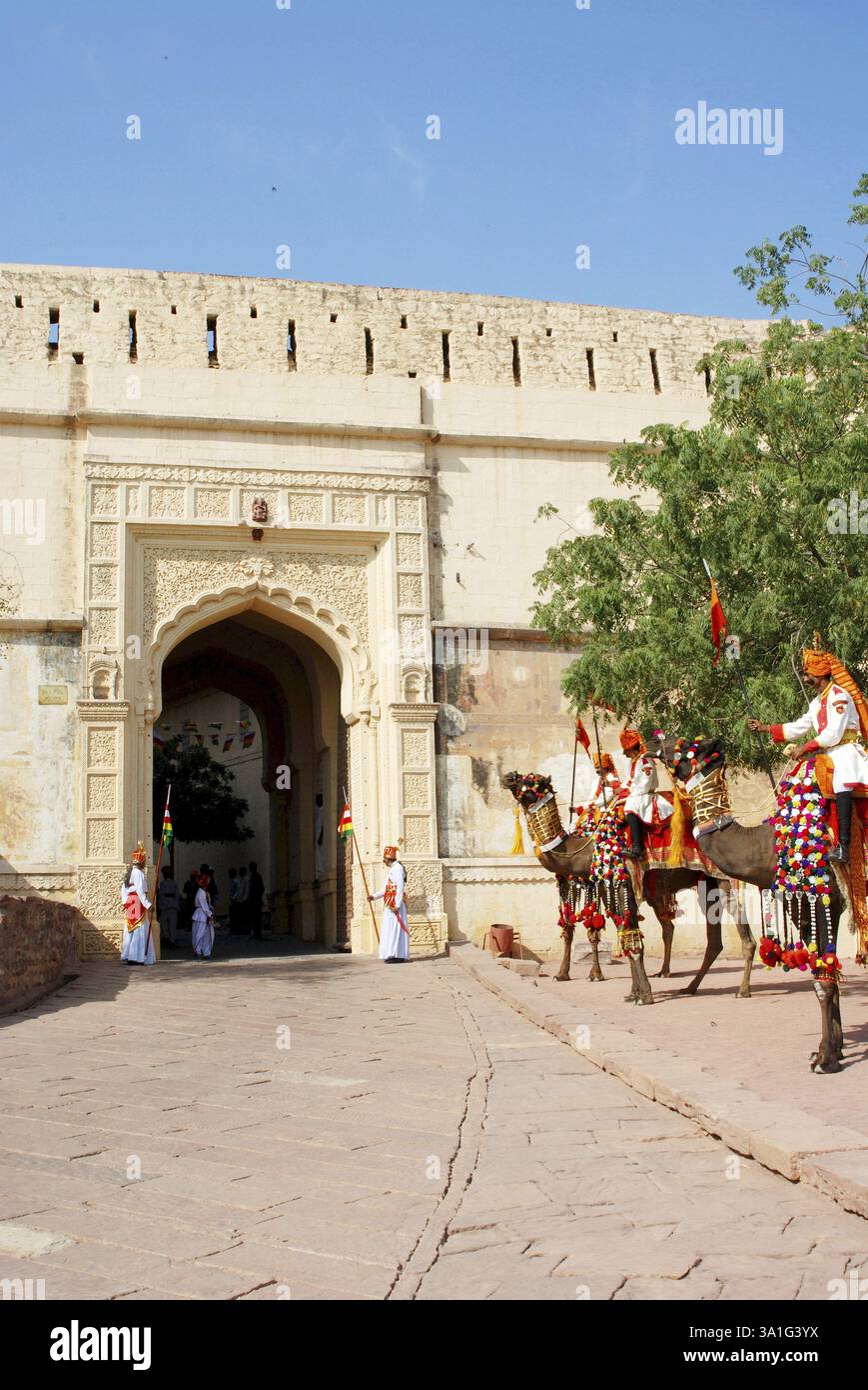 Guards on camel at Mehrangarh fort gate, Jodhpur, Rajasthan, India ...