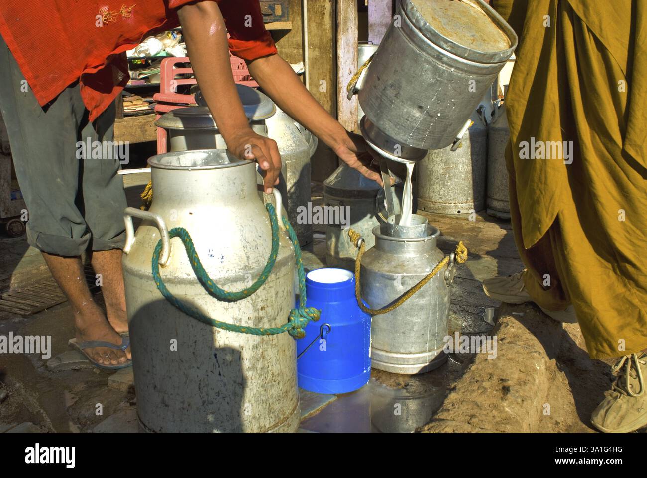 Milk pouring from one can to another aluminium cans in Mahesh Milk ...