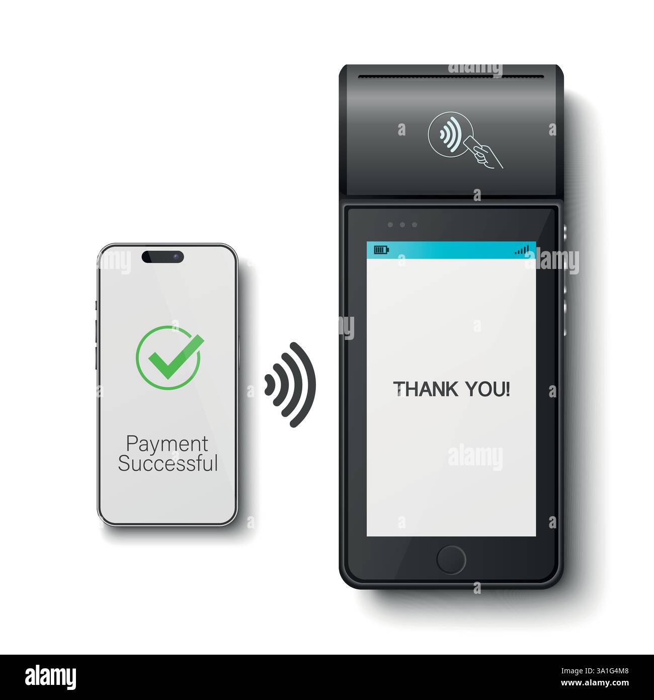 Vector 3D Realistic NFC Payment Terminal and Smartphone Closeup. Approved Payment, Successful ...