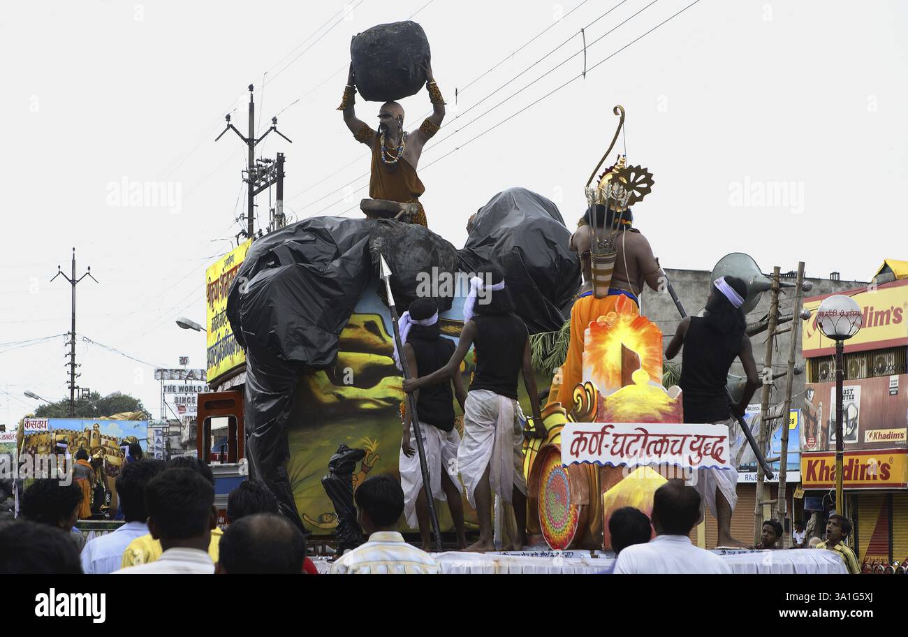 Janmashtami festival or Lord Krishna birthday celebration carnival procession with scene from ...