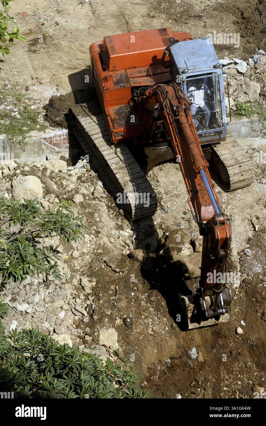 Aerial view of TATA HITACHI Excavator and Digger EX200LC at work, Heavy ...