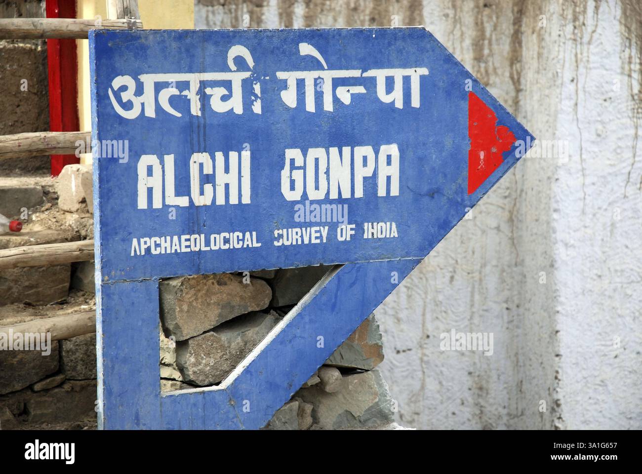Sign board of Alchi gompa, Alchi, Leh, Ladakh, Jammu and Kashmir, India ...