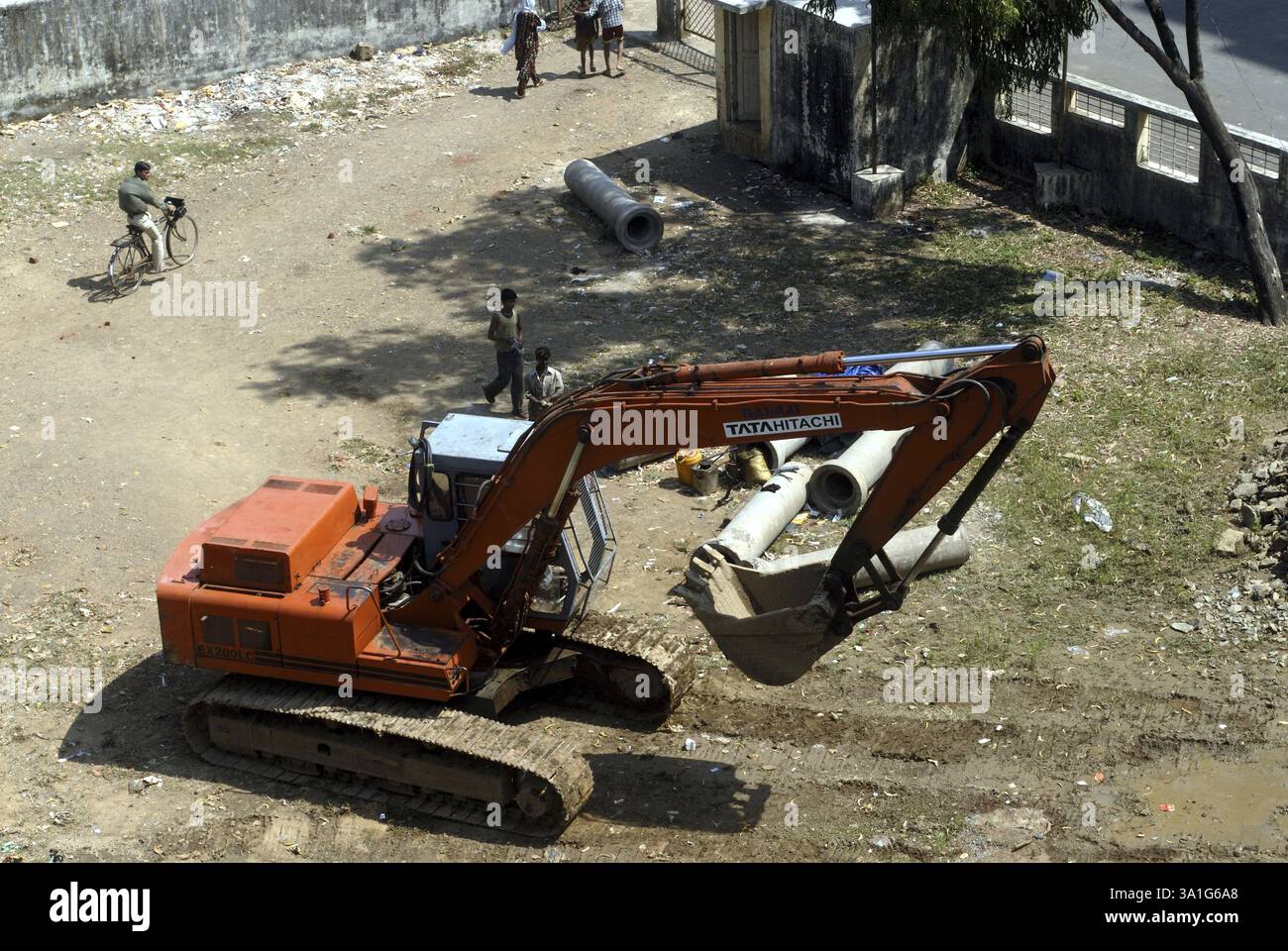 Aerial view of TATA HITACHI Excavator and Digger EX200LC at work, Heavy ...
