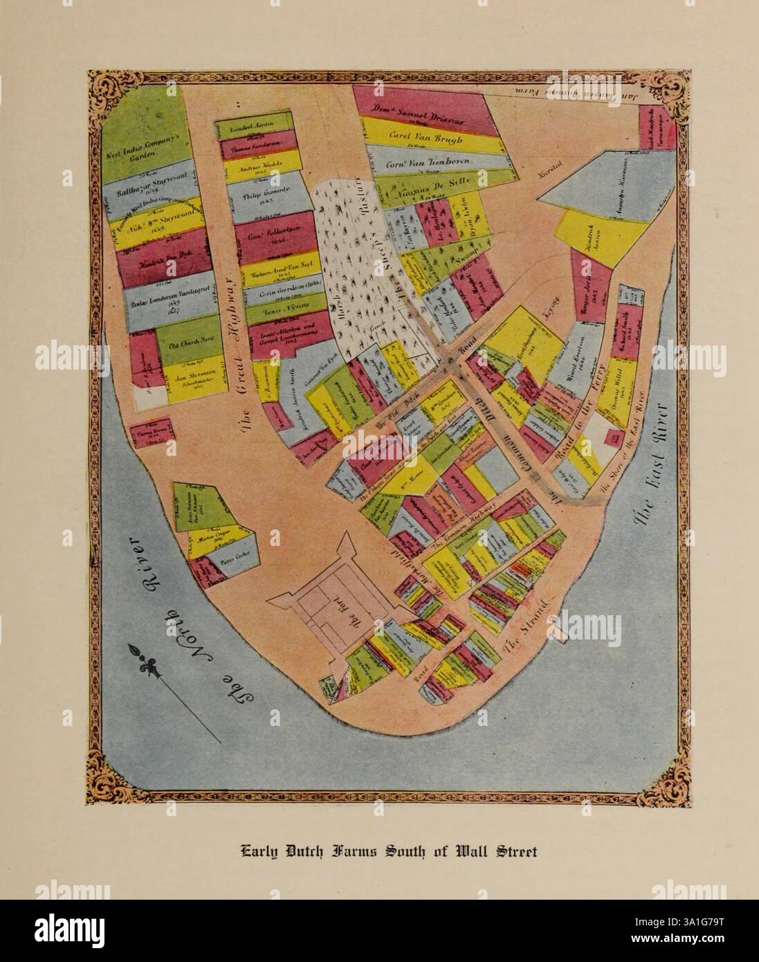 Archive Map of the Farm Grants south of Wall Street in Early Dutch Days, New York city. Vintage ...
