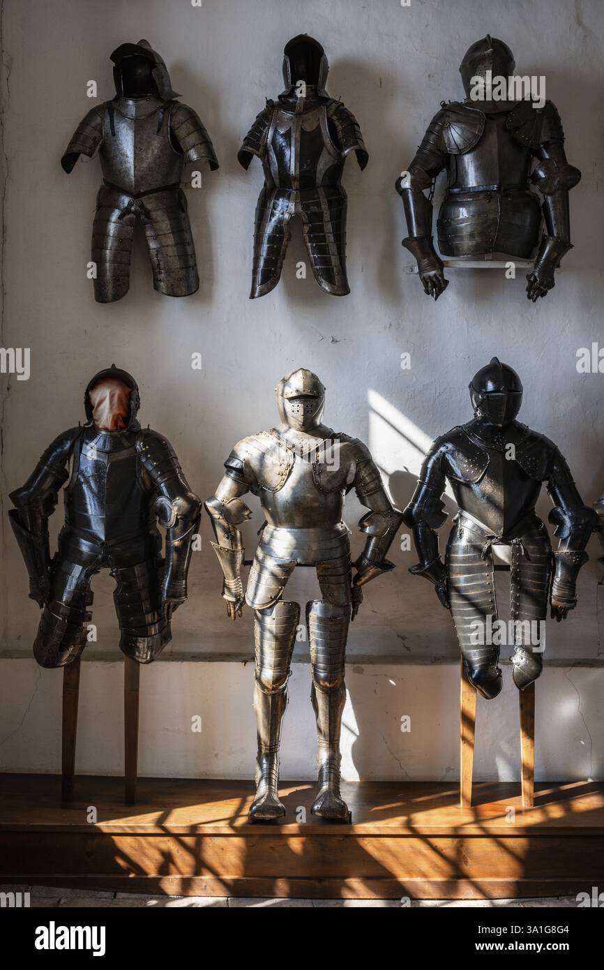 Knights' armour in the armoury in the historic Meersburg Castle, museum ...