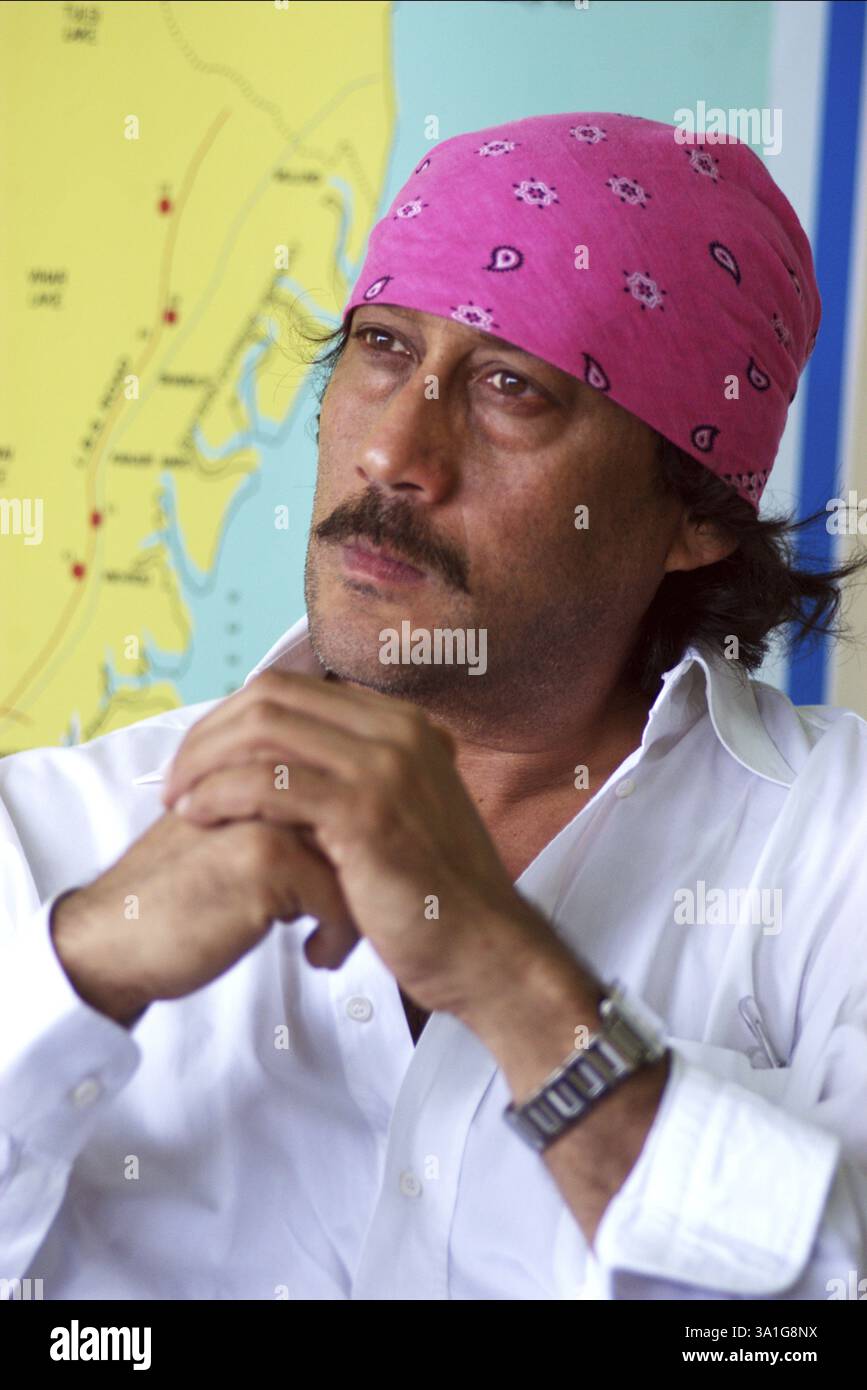 Indian film star Jackie Shroff in candid mood sitting during shoot on ...