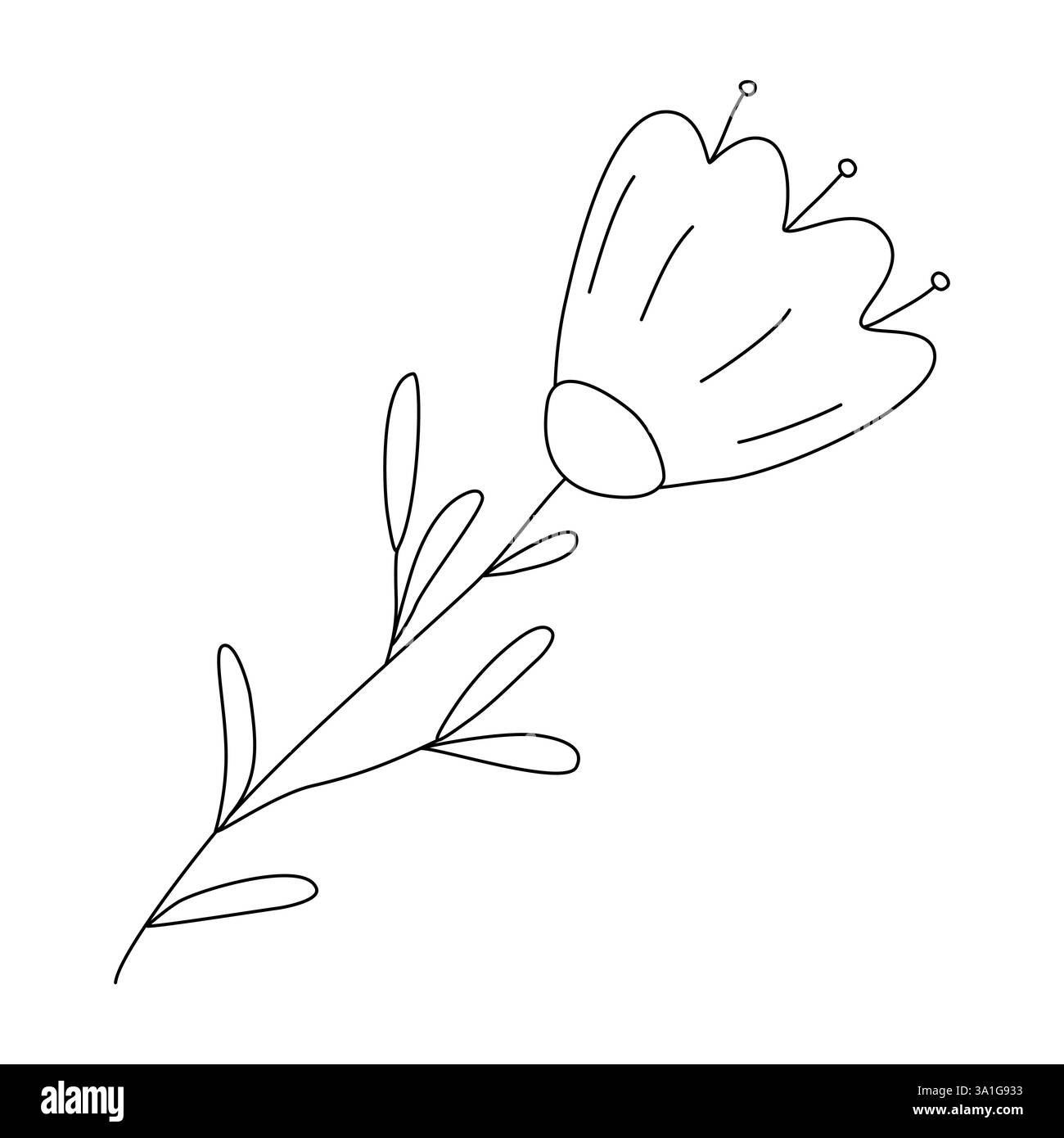 Simple stylized blooming wildflower with leaves on stem, doodle style ...