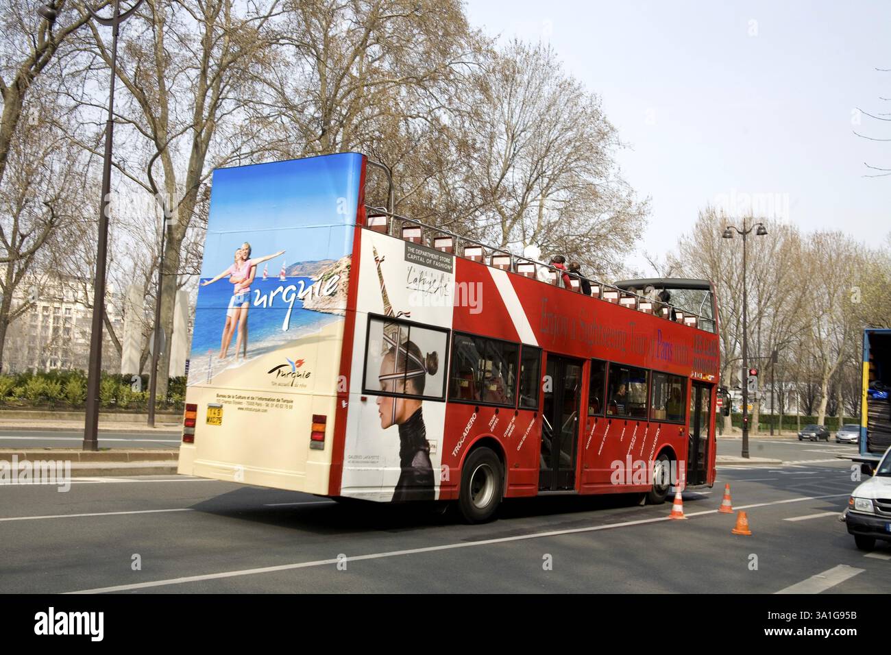 Street scene, red color open tourist bus, Branly, Paris, France, Europe ...