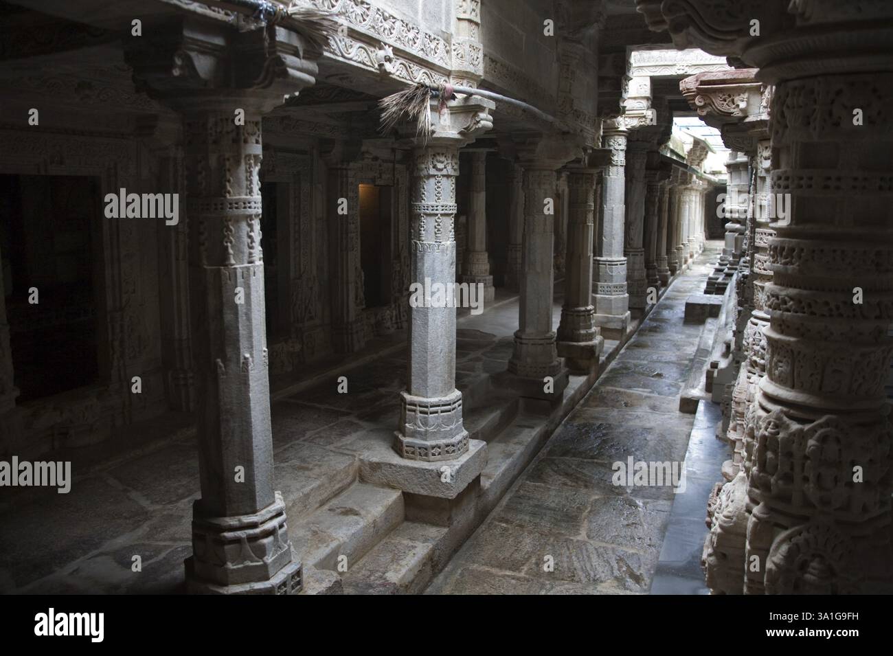 Pillars and gallery around 2000 years old ancient monument in Adinath Jain temple, Village ...