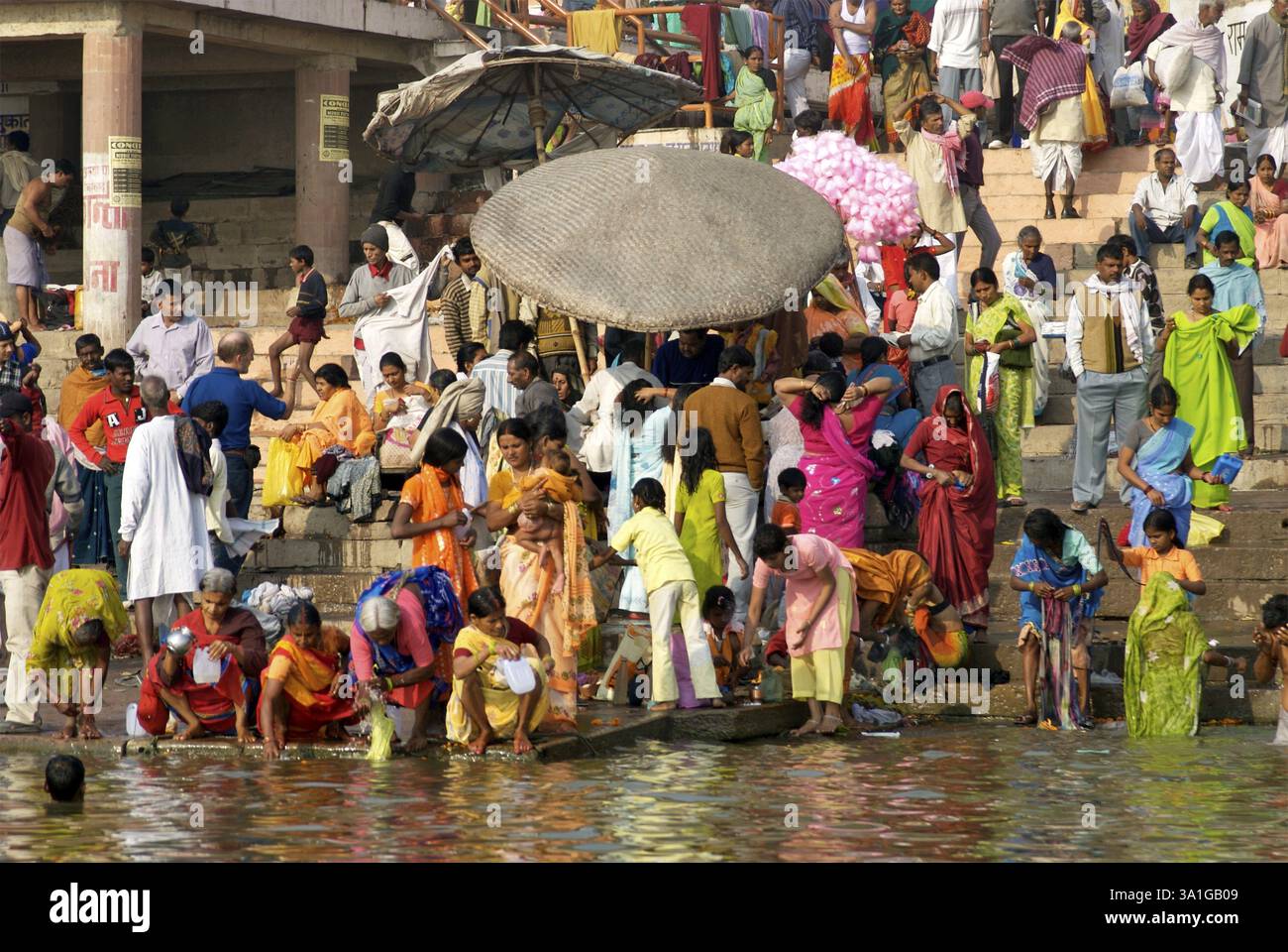 People bathing in holy Ganga river at Rabharavi ghat, Varanasi, Uttar ...