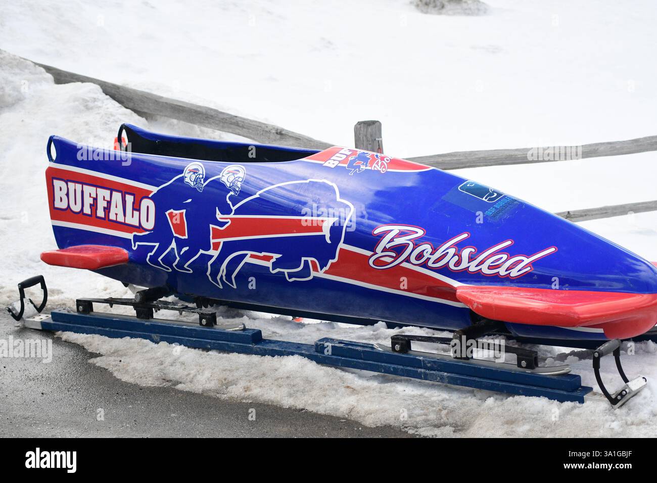 The Buffalo Bills bobsled on display at the 2025 Bob & Skeleton World ...
