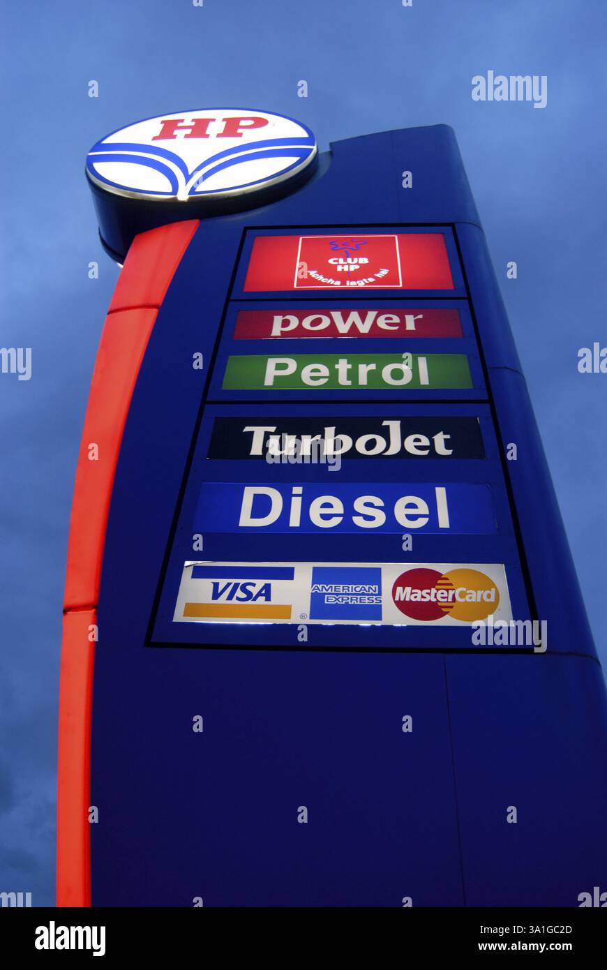 Llluminated sign of Petrol Pump of Hindustan Petroleum at Mumbai Pune ...