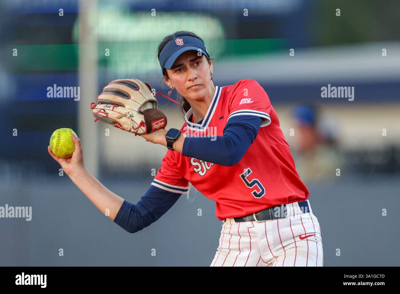 St John's utility Natalie Casto (5) in action during an NCAA softball ...