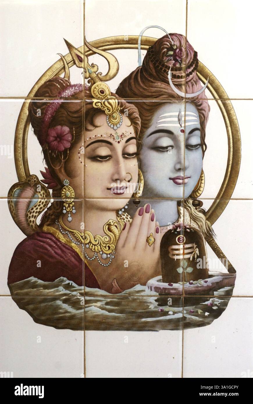 Lord Shiva, Parvati and Pindi colourfully painted on glazed tiles fixed ...