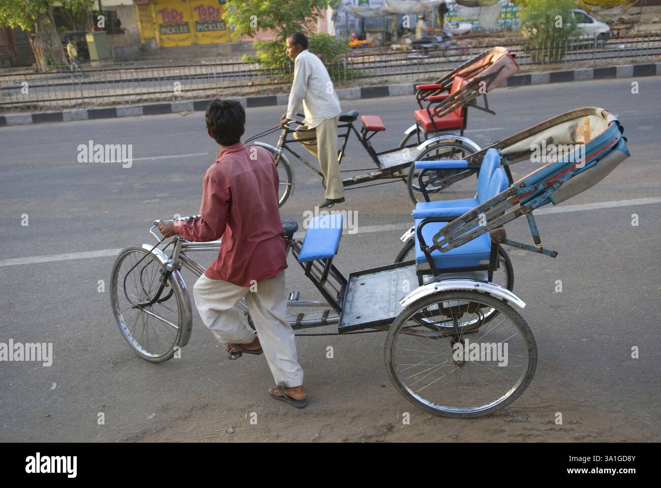 Cycle rickshaws with rider street scene, Jaipur, Rajasthan, India, Asia ...