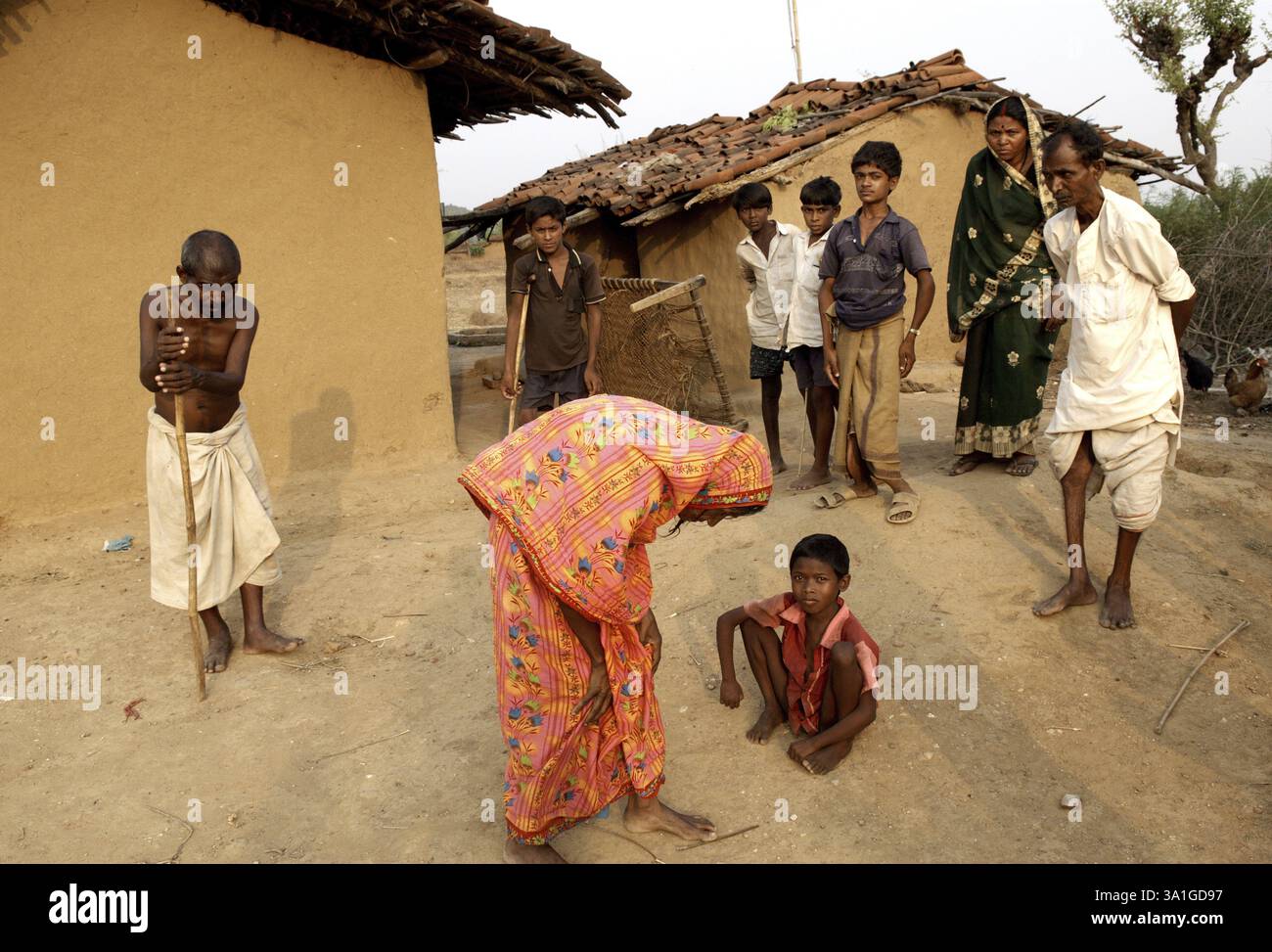 People standing outside hut, Garwa and Latehar, Jharkhand, India, Asia ...