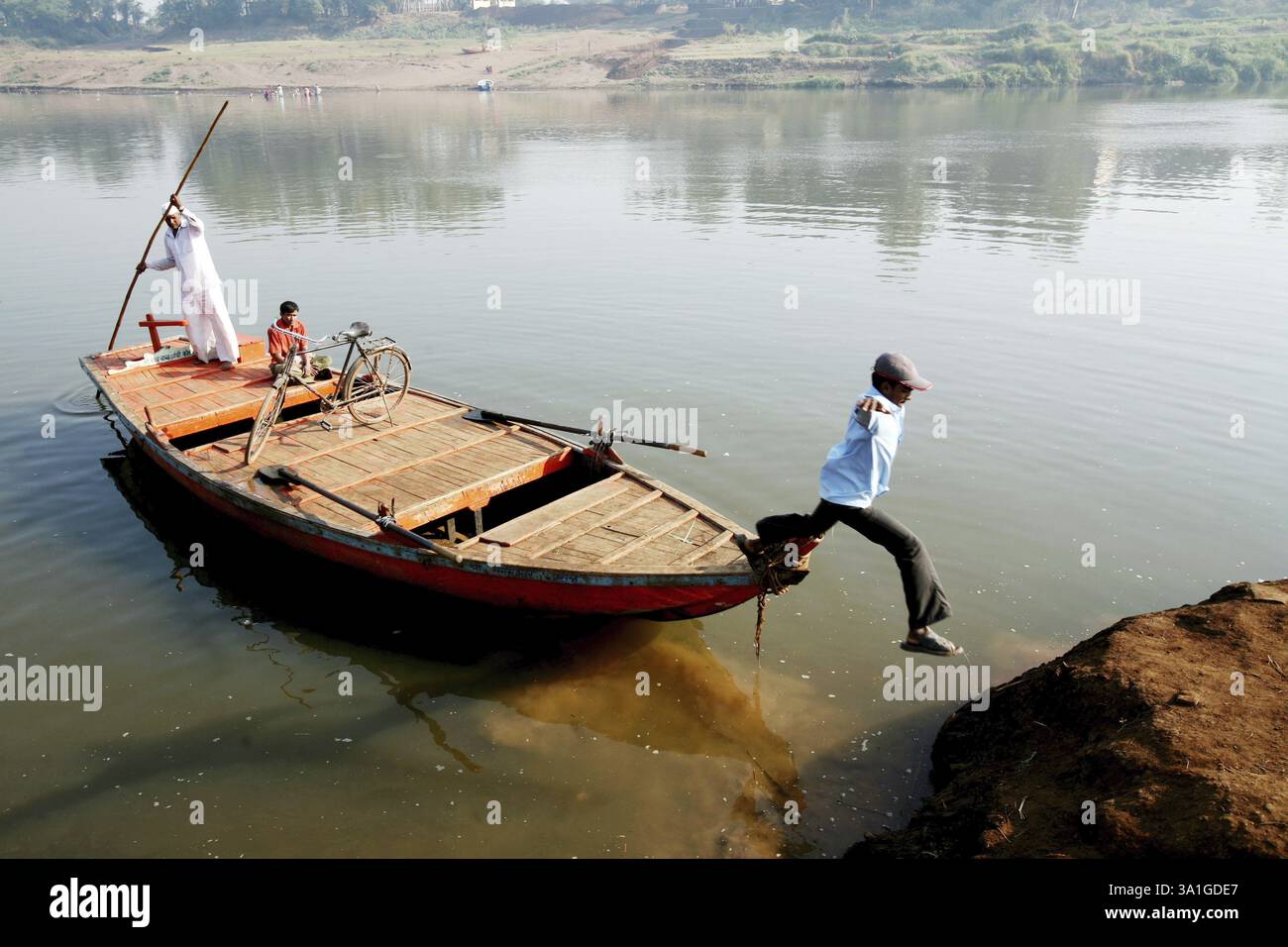 People crossing river Krishna by boat, Maharashtra, India, Asia Stock ...