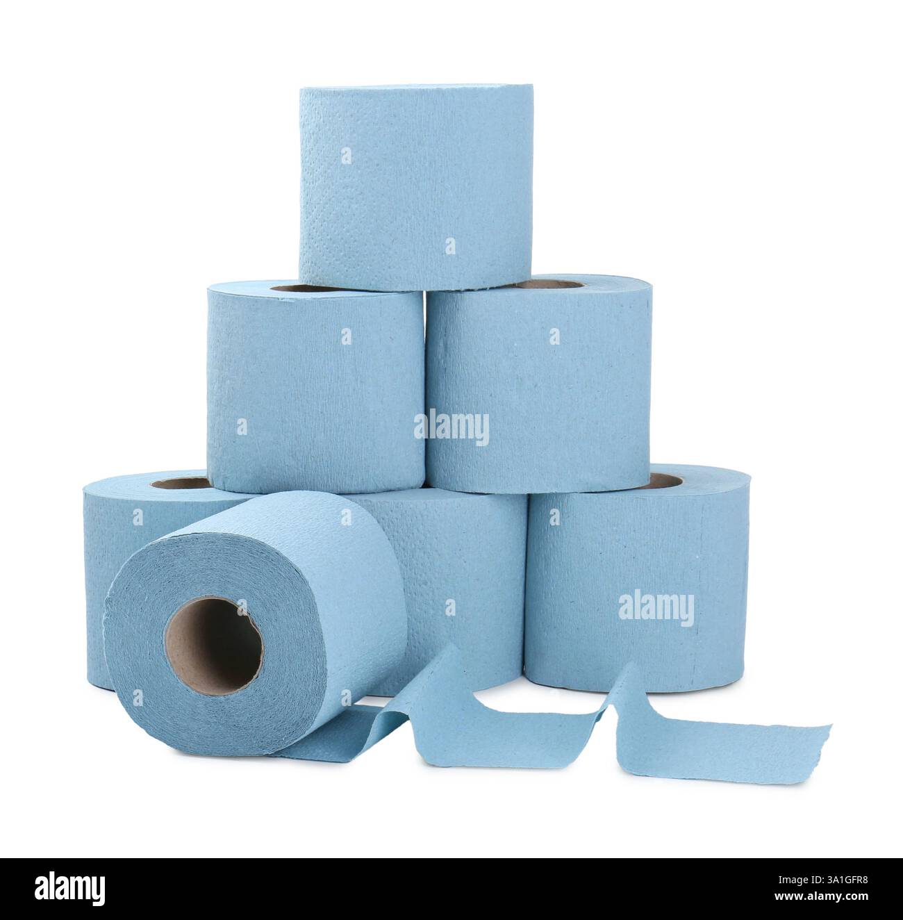 Stacked light blue toilet paper rolls isolated on white Stock Photo - Alamy