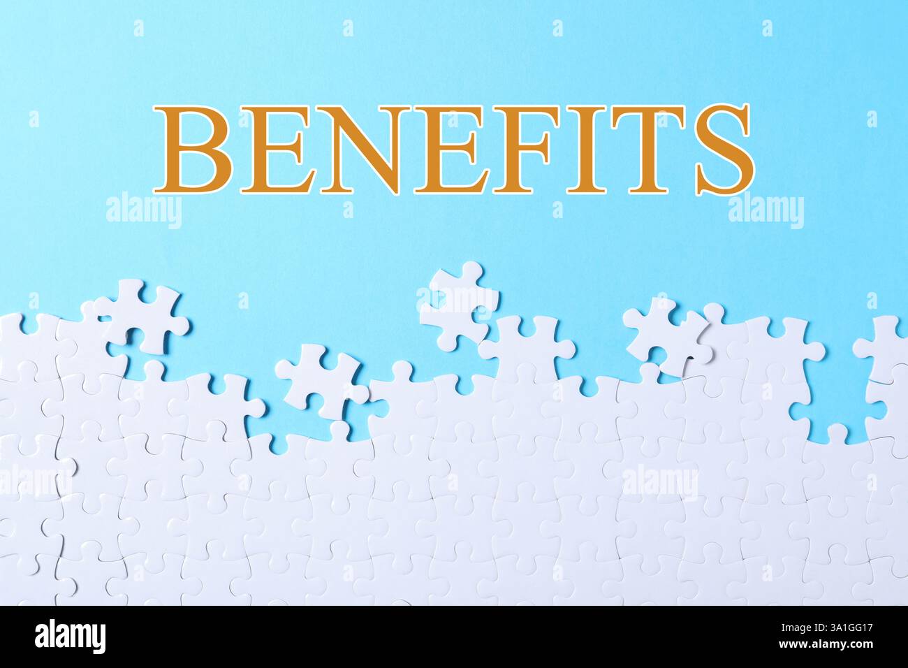 Benefits word and white jigsaw puzzle pieces on light blue background, top view Stock Photo - Alamy