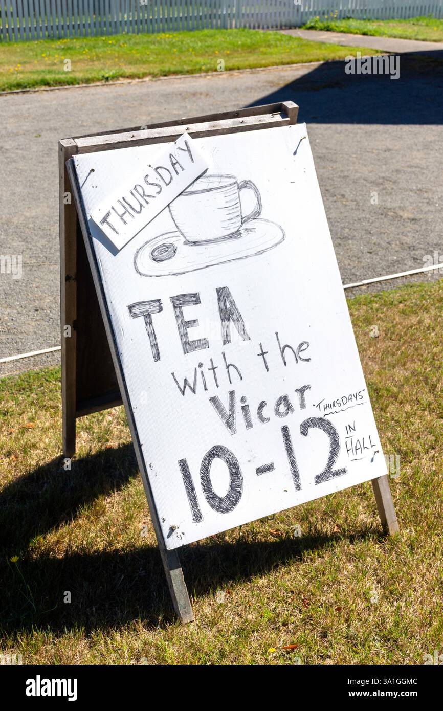 Tea with the vicar sign outside St James' Anglican Church, Cust Road ...