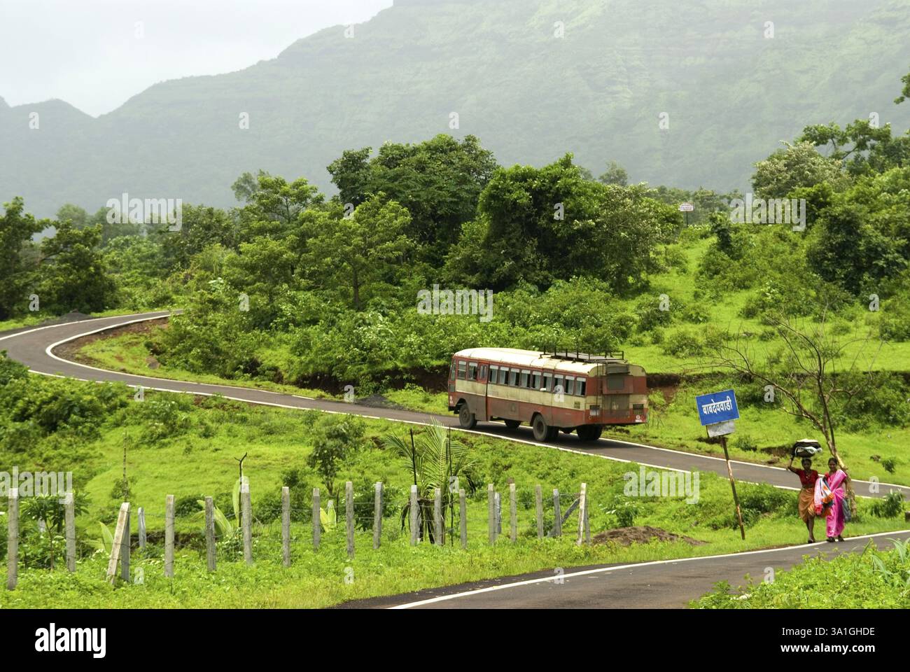 State transport ST bus in village in mountains of Taluka Panvel ...