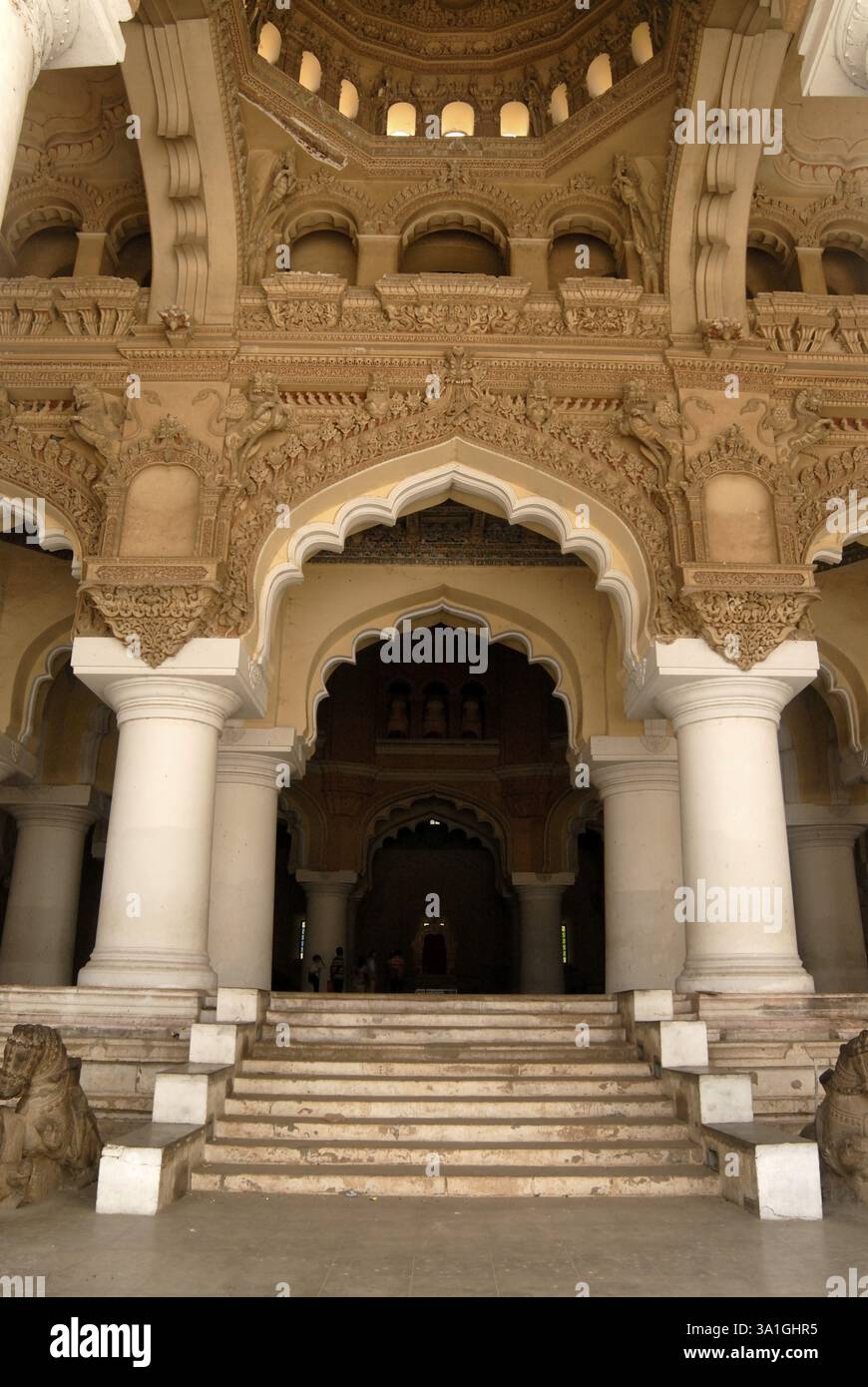 Steps and huge pillars at the entrance of main hall at Thirumalai Nayak ...
