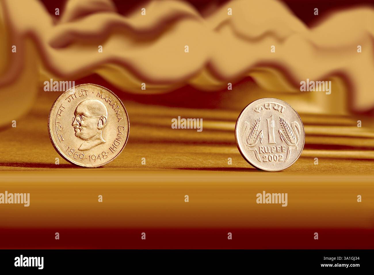 Double pair Indian currency one rupees coin and artistic background ...