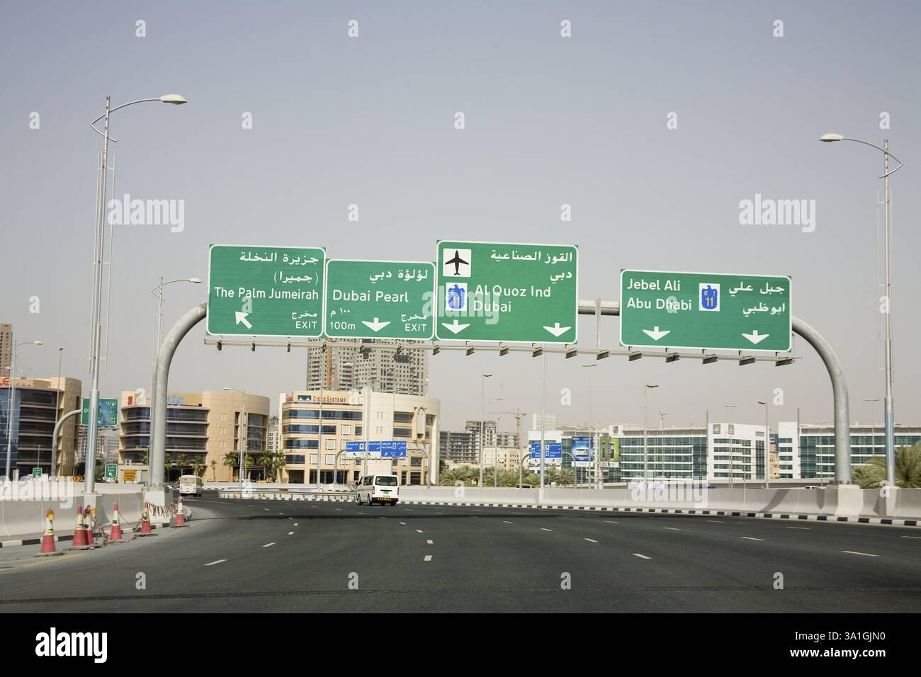 Green sign boards on road for direction, Dubai Middle East UAE Dubai ...