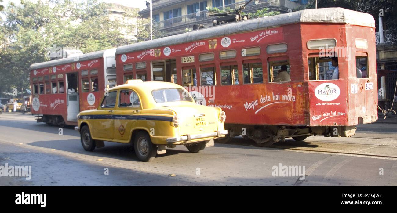 Tram old way of commuting service with yellow color car, Calcutta now ...