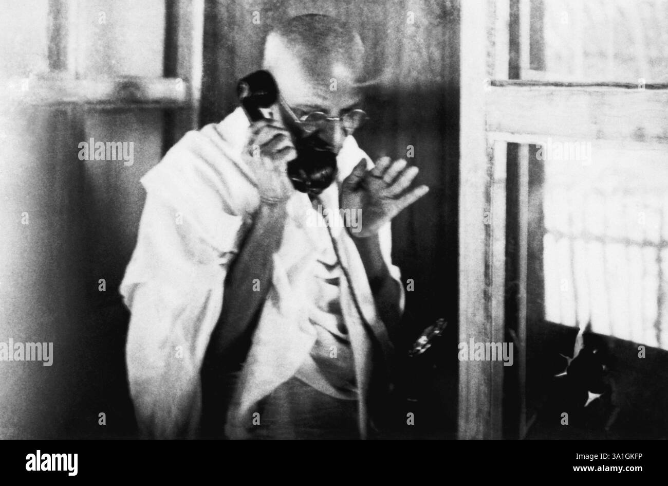 Mahatma Gandhi calling Amtus Salam in Karachi from the office hut at ...