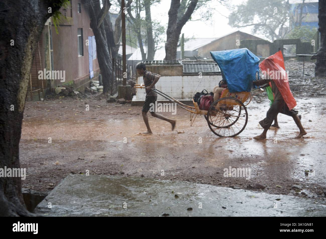 Man pulling Hand Rickshaw in raining season, Matheran, Maharashtra ...