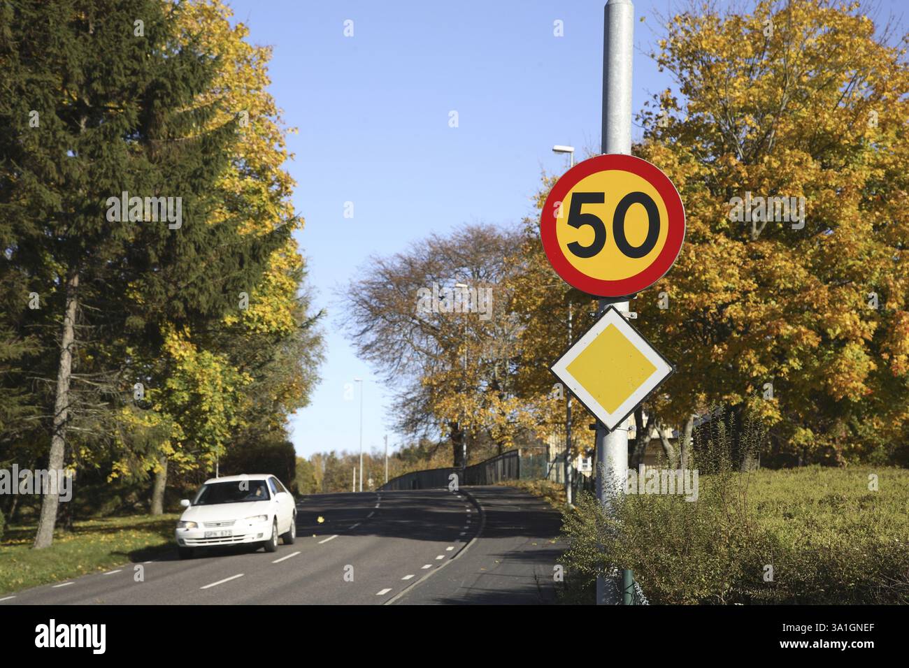 White car on road also sign board speed limit 50, Skepplanda, Sweden ...