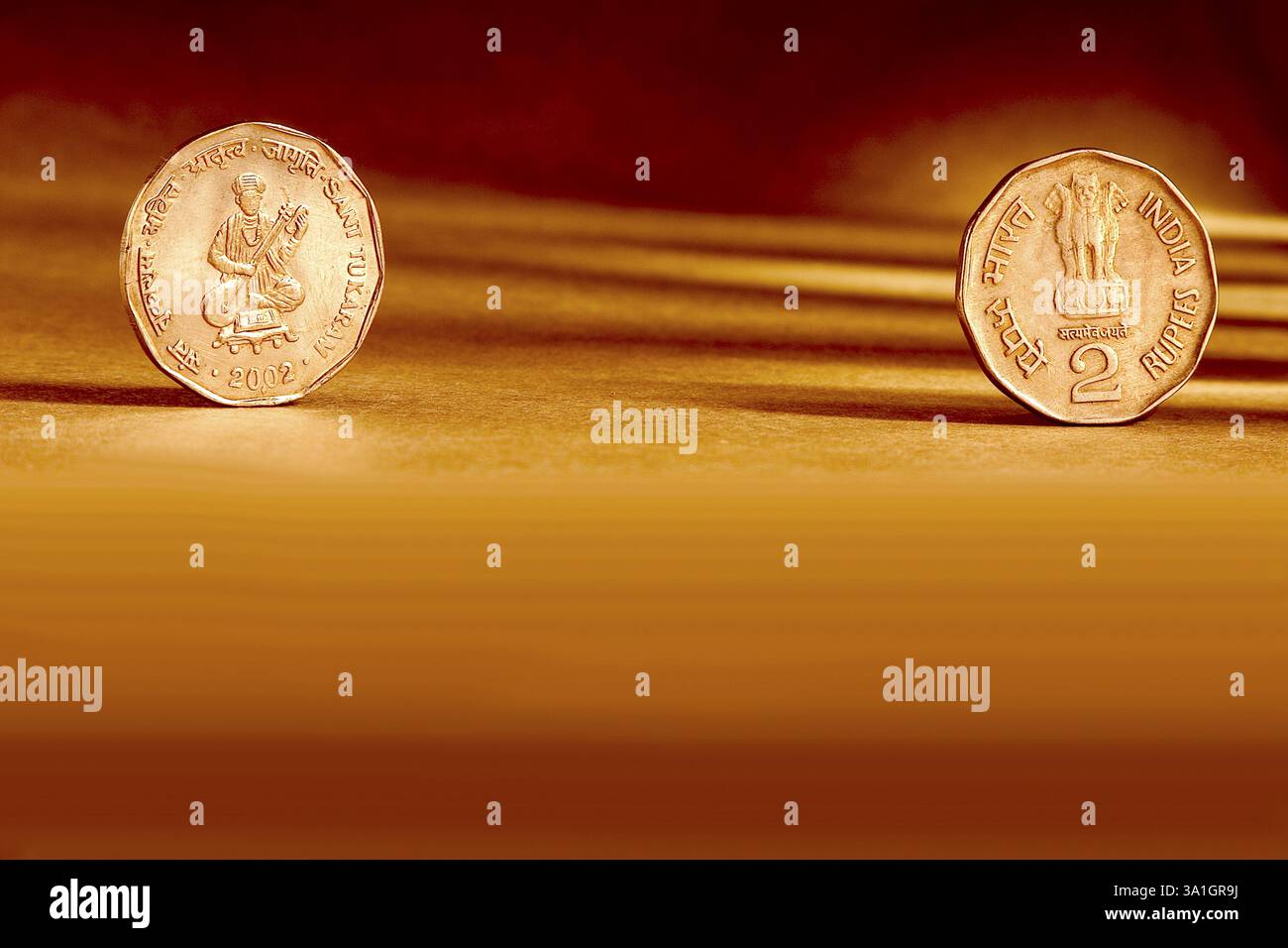 Double pair Indian currency two rupees coin front side and backside ...