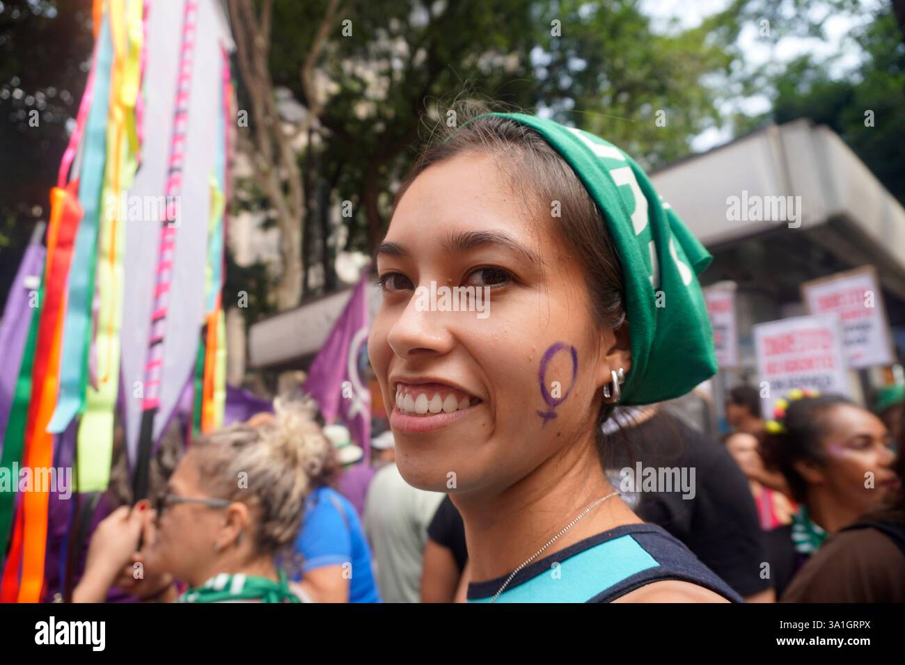 Sao Paulo, Brazil March 8, 2025. Women take part in a march to mark International Women's Day in ...