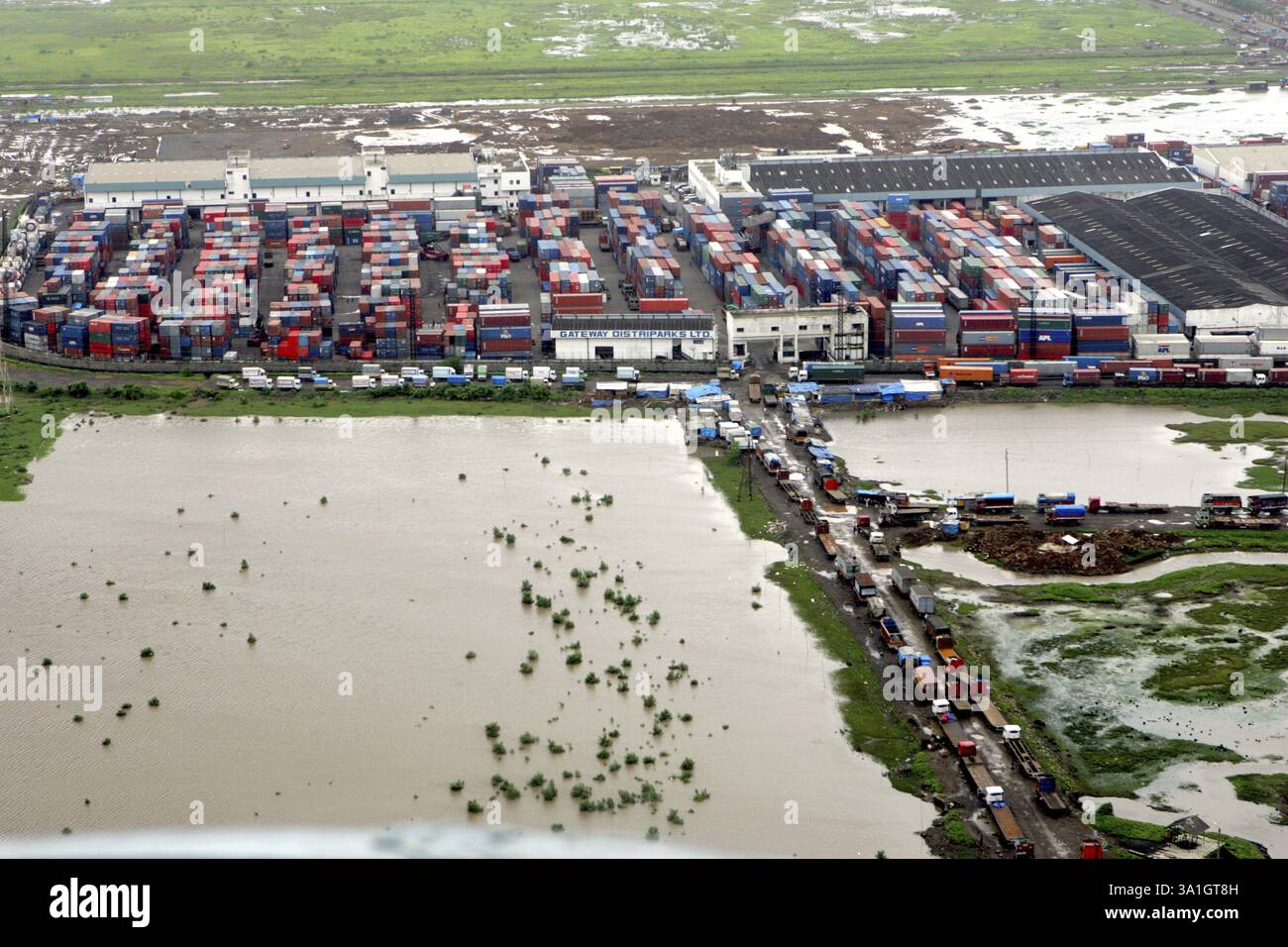 An aerial view of containers yard area surrounding Nhava Sheva port ...