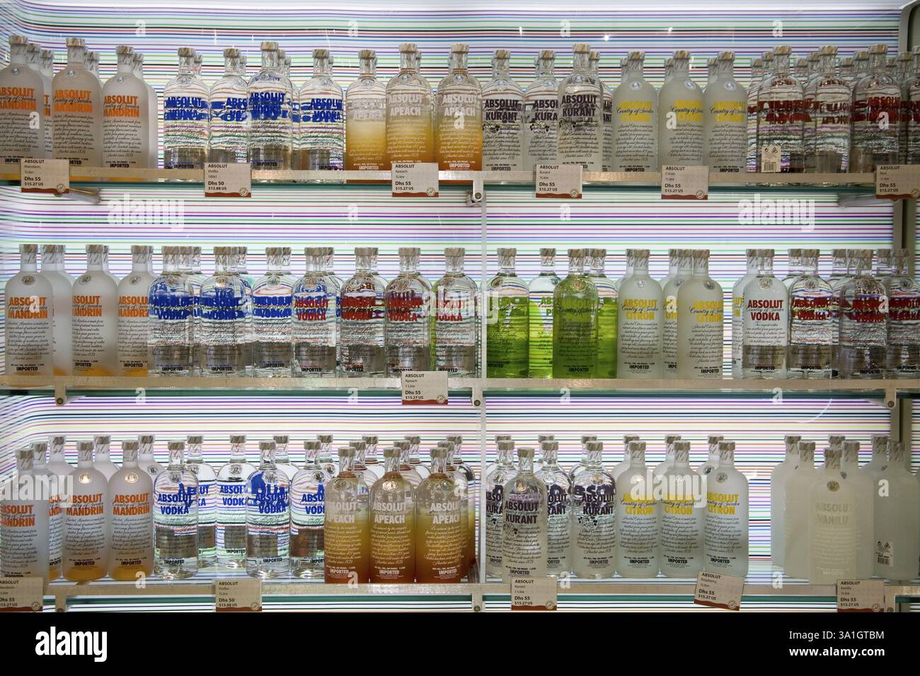 Display of liquor bottles for sale at Dubai International Airport ...
